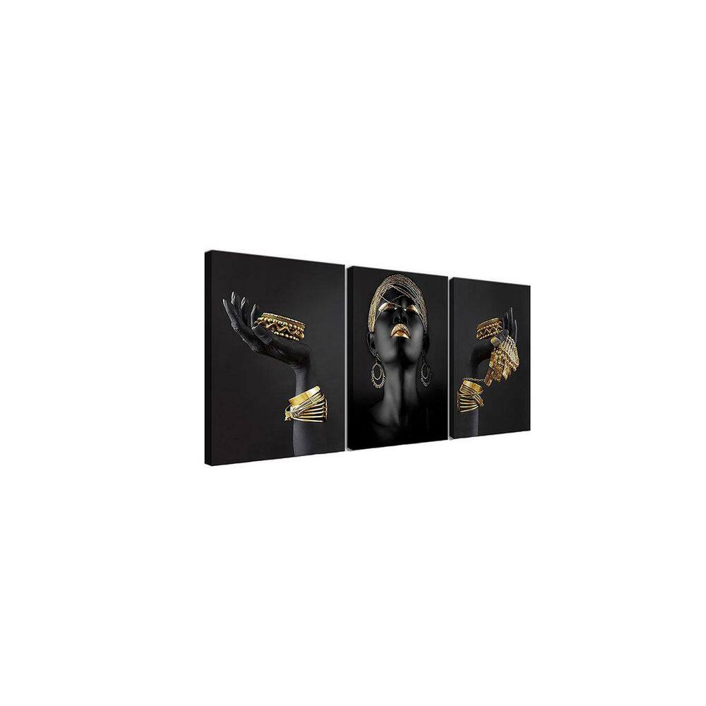3-Piece Black Gold African American Woman Wall Art Fashion Black Girl Golden Jewellery Canvas ...