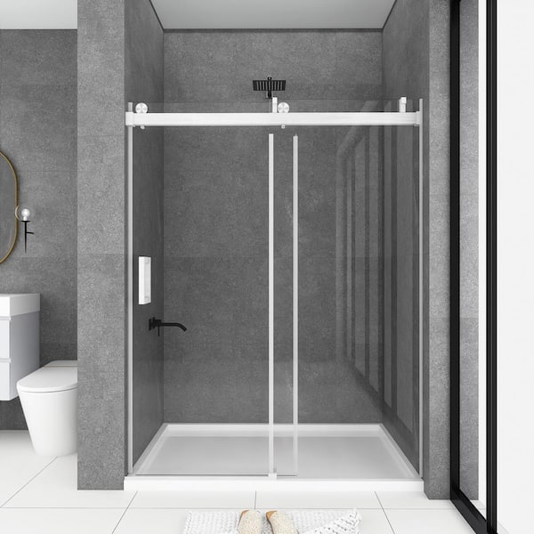 72 in. W x 76 in. H Sliding Frameless Single Shower Door in Brushed ...