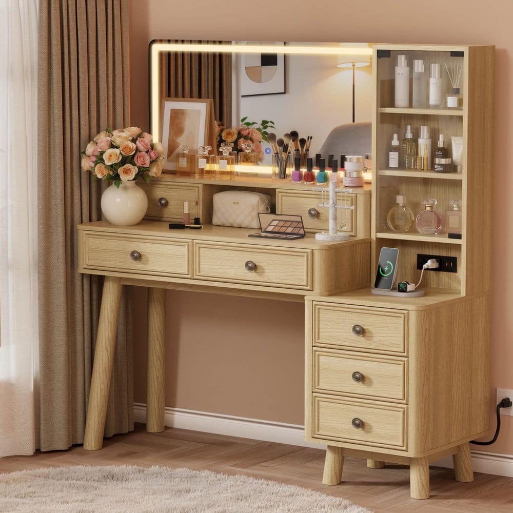LACOO Modern Farmhouse 48 in. Makeup Vanity Desk with 3-Color LED ...