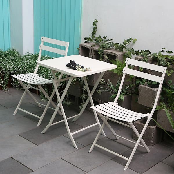 White 3-Piece Metal Outdoor Patio Bistro Set, Foldable Square Table and ...