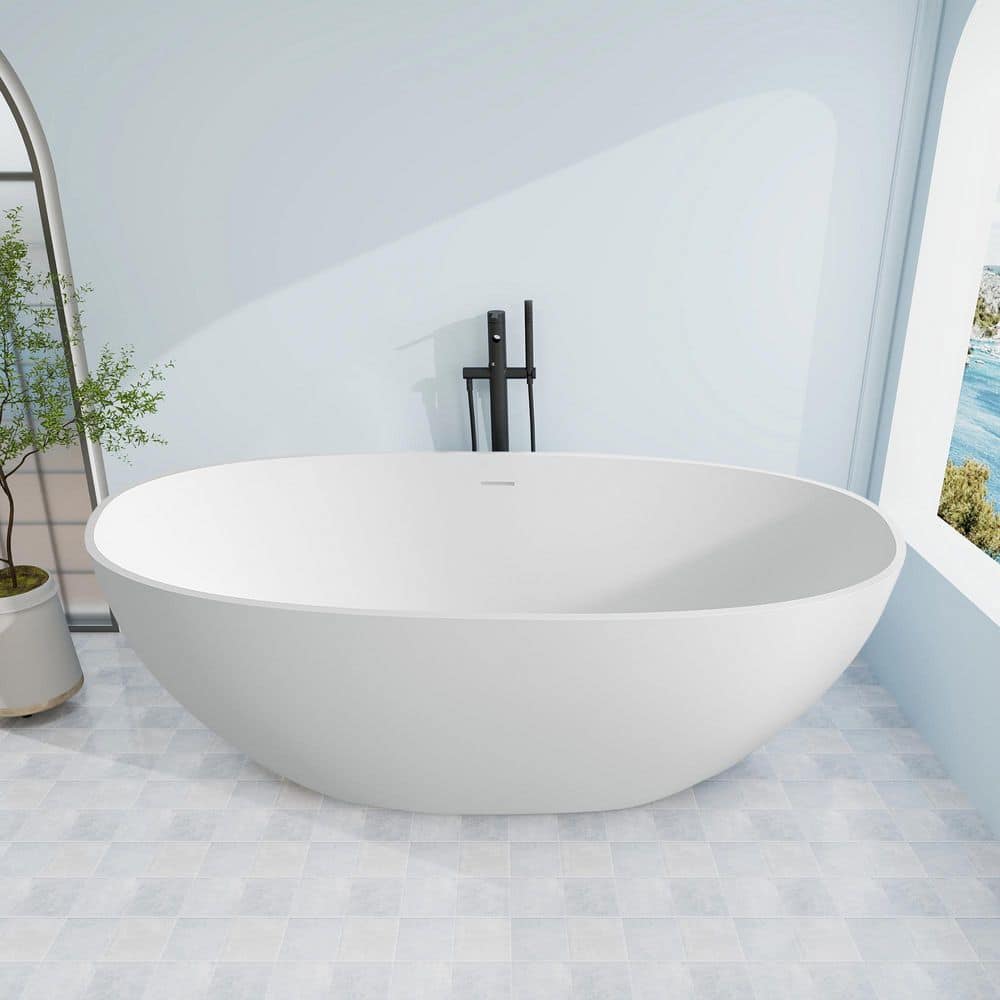 FORCLOVER 65 in. x 30 in. Solid Surface Soaking Bathtub with Center ...