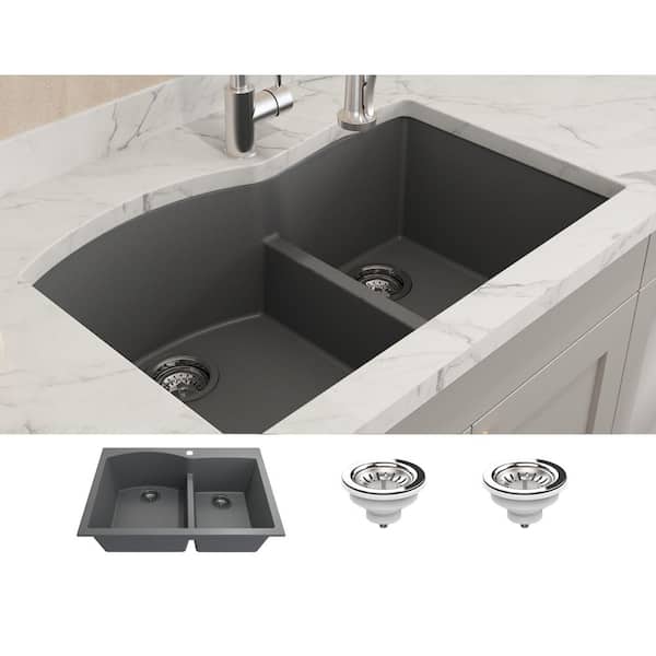 TerraLife Hyperion 33 in. Drop-In/Undermount Double Bowl Concrete Gray ...