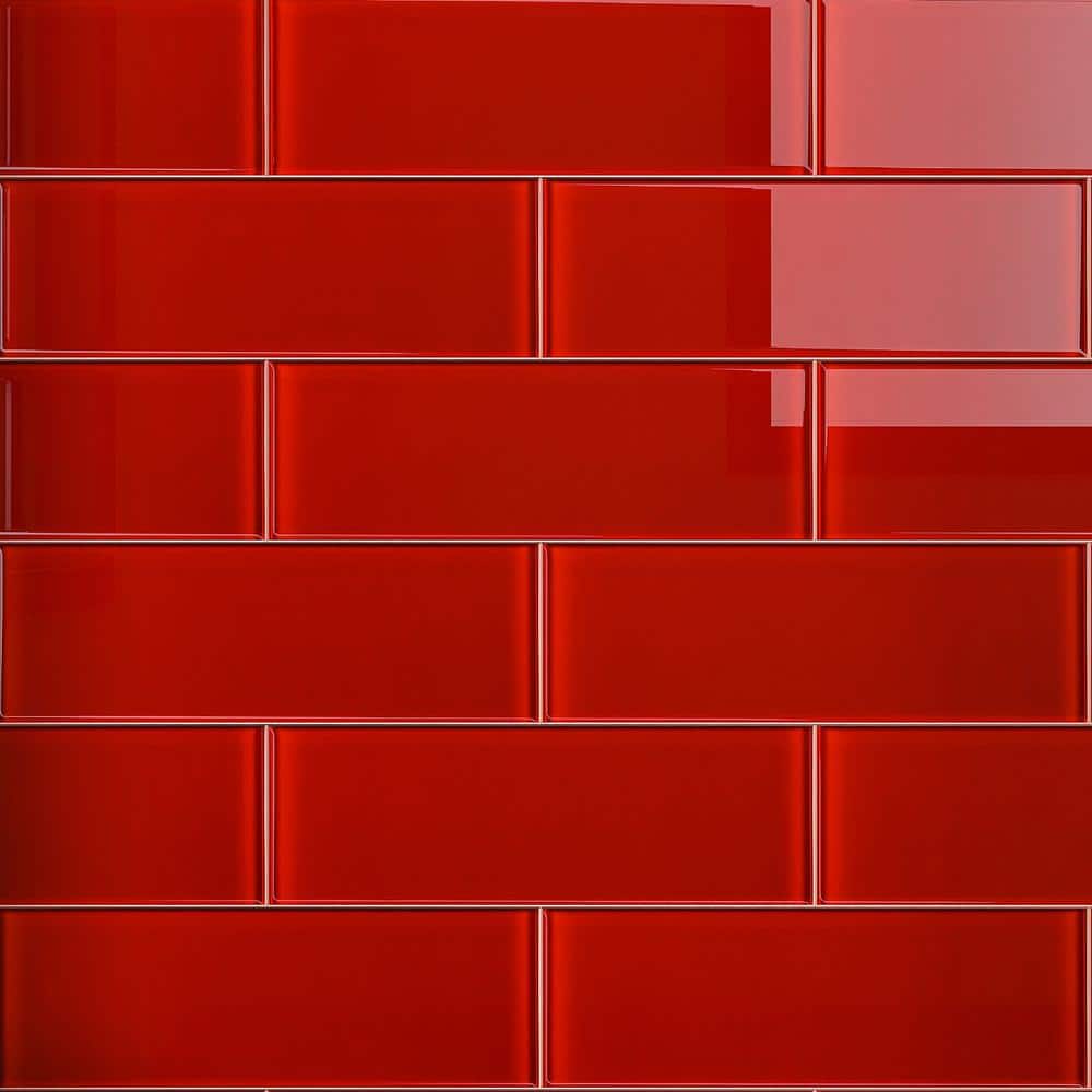 MOLOVO Crystile Ruby Red 12 in. x 4 in. Subway Glossy Glass Mosaic Tile ...
