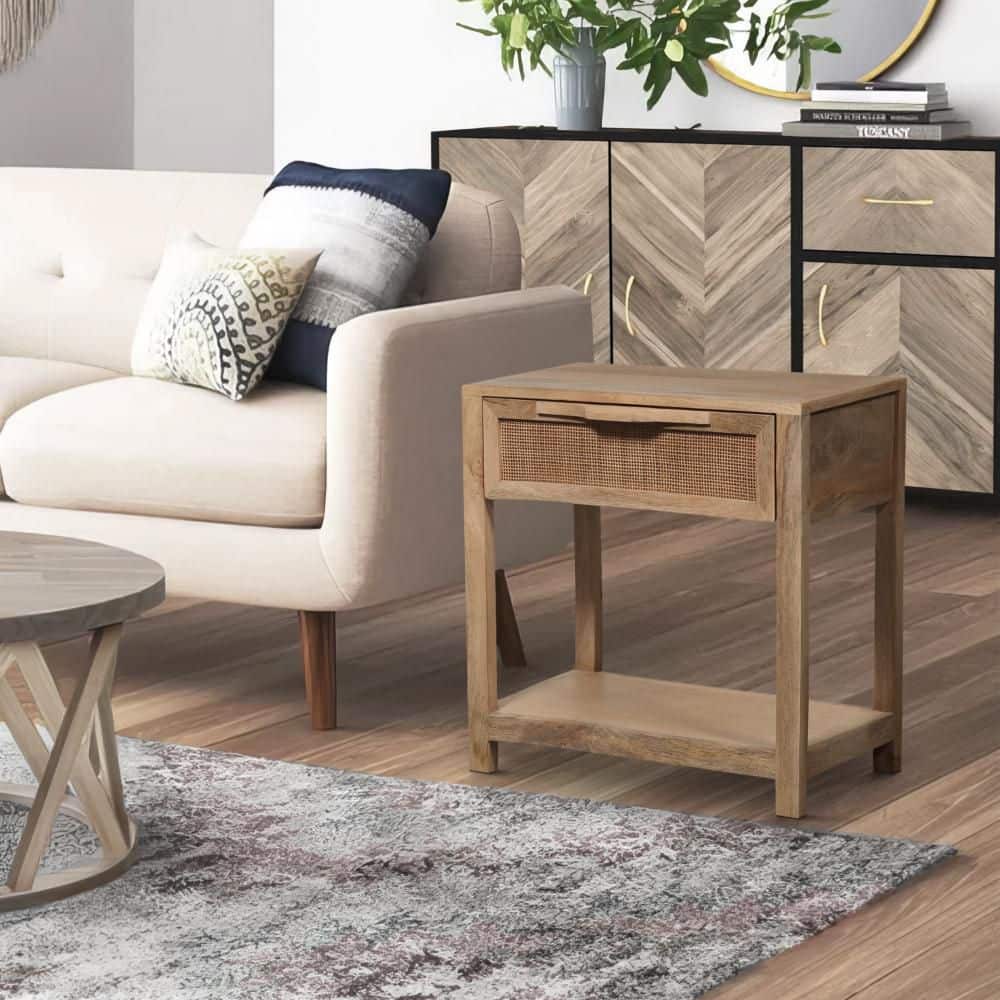 Benjara 12 in. Brown Rectangular Wood Top End Table with Drawer ...