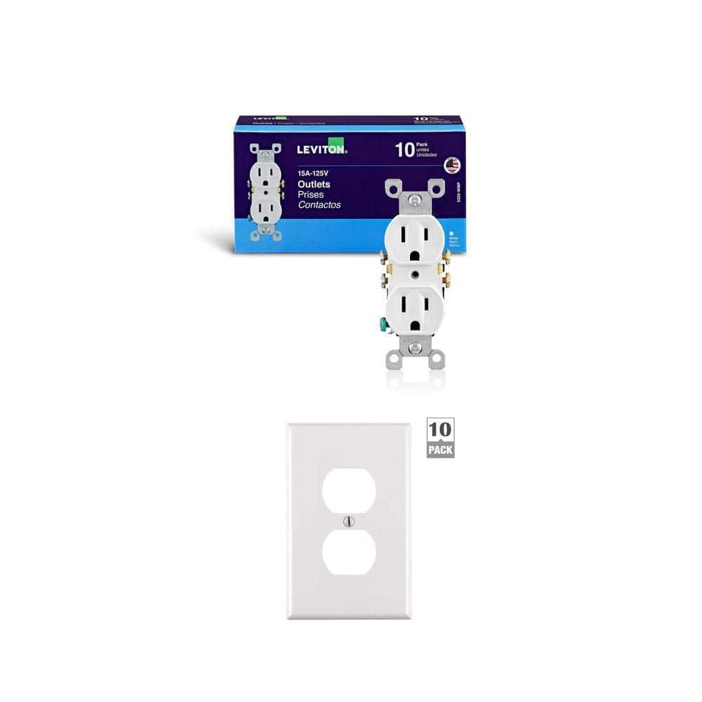 Leviton 15 Amp Duplex Outlet (10-Pack) and 1-Gang White Nylon Midway ...