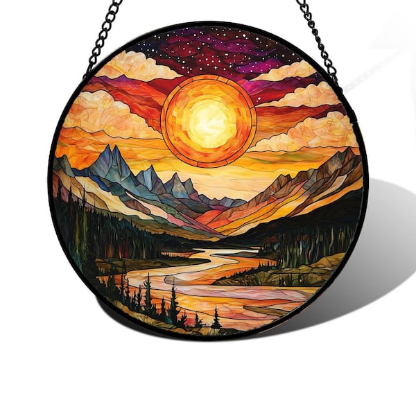 Angel Sar 7.8 in. Golden Red Stained Glass Window Hanging, Dusk Sunset ...