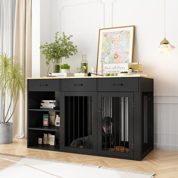 FUFU&GAGA Modern Large Wooden Dog Crate Furniture, Pet Dog Cage with 3 ...