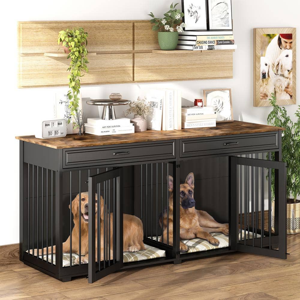 FUFU&GAGA Black Furniture Style Dog Crate, Large Wooden Pet Kennels with Drawers and Divider ...
