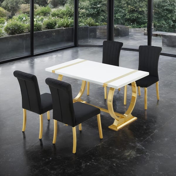 Furniture of America Kehla 5-Piece Rectangle Gold/Black Wood Top Dining ...