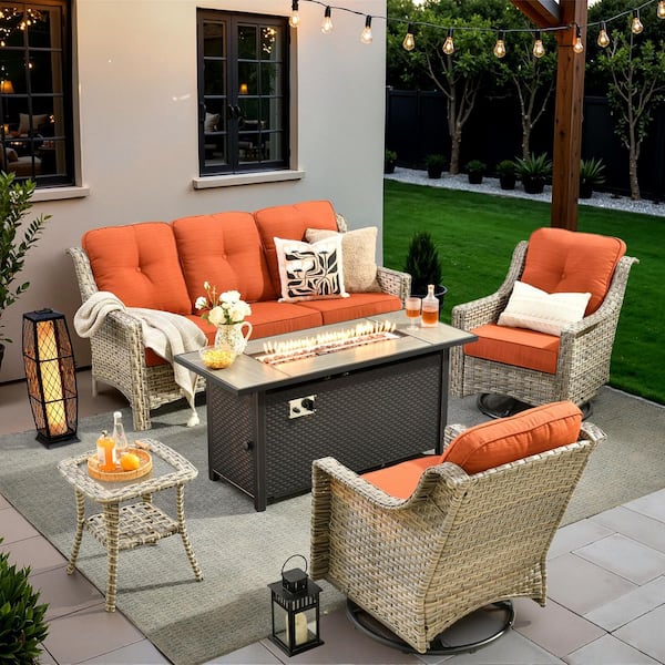 XIZZI Delicacy 5-Pieces Wicker Outdoor Patio 54in. Rectangular Fire Pit ...