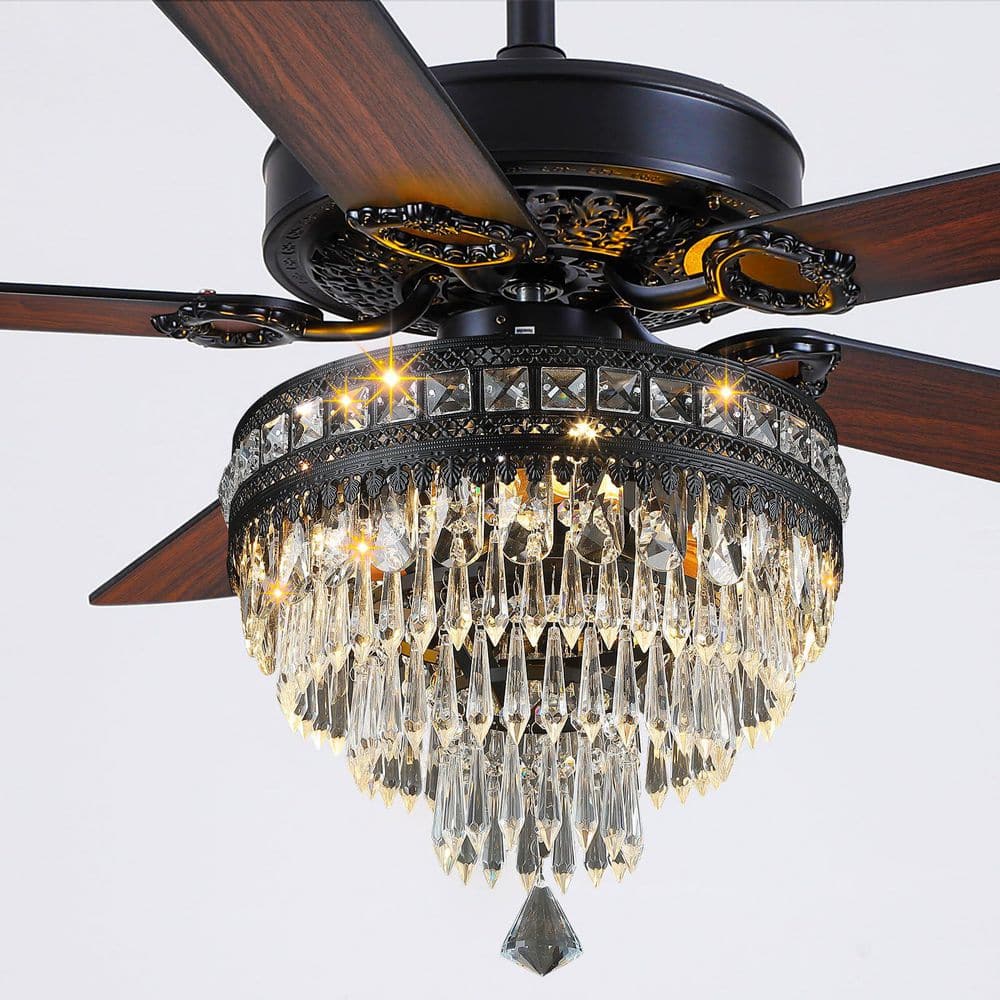 Kviflon 62 in. Indoor Crystal Chandelier Black Ceiling Fan Fandelier ...