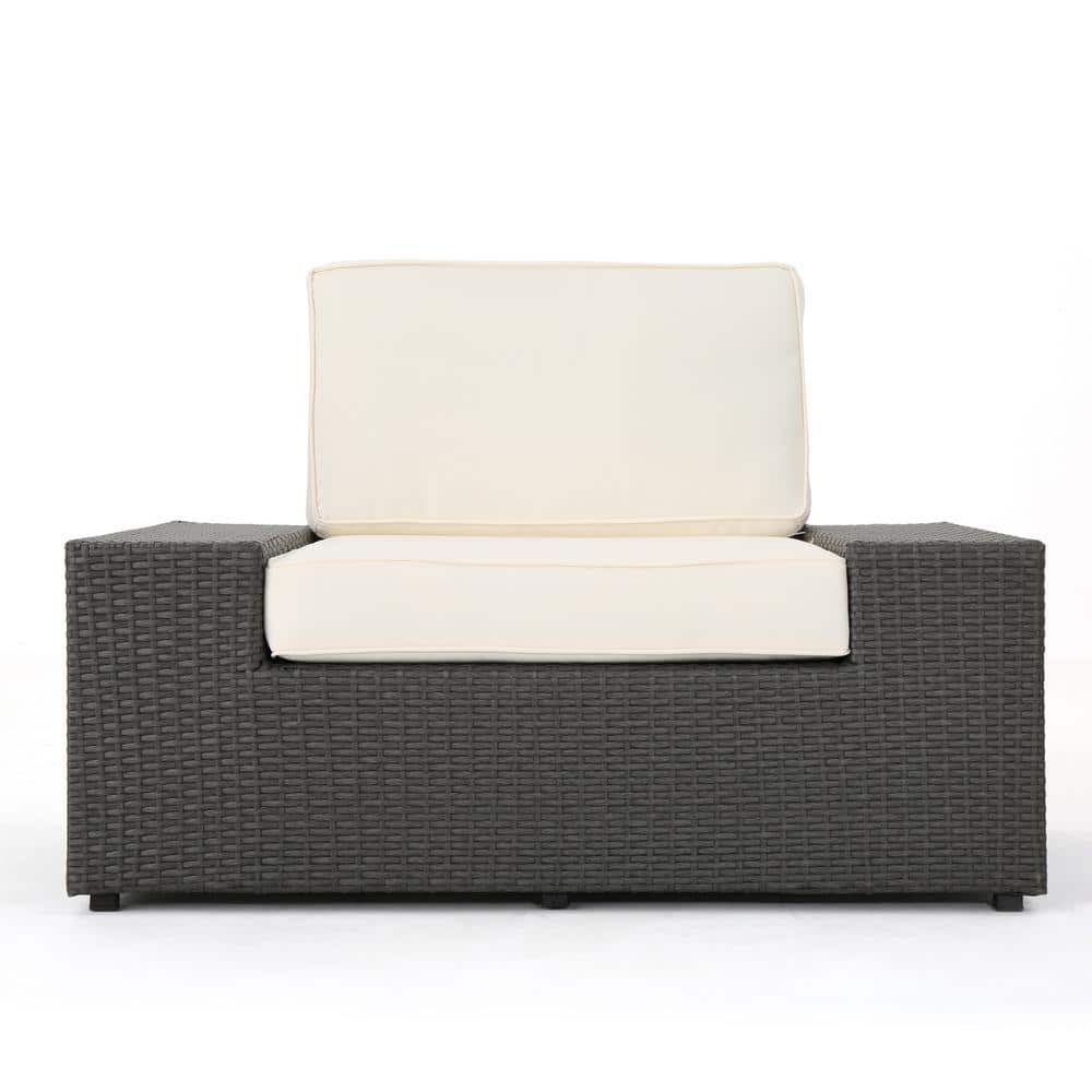 Noble House Leora Gray Wicker Outdoor Patio Lounge Chair with White ...