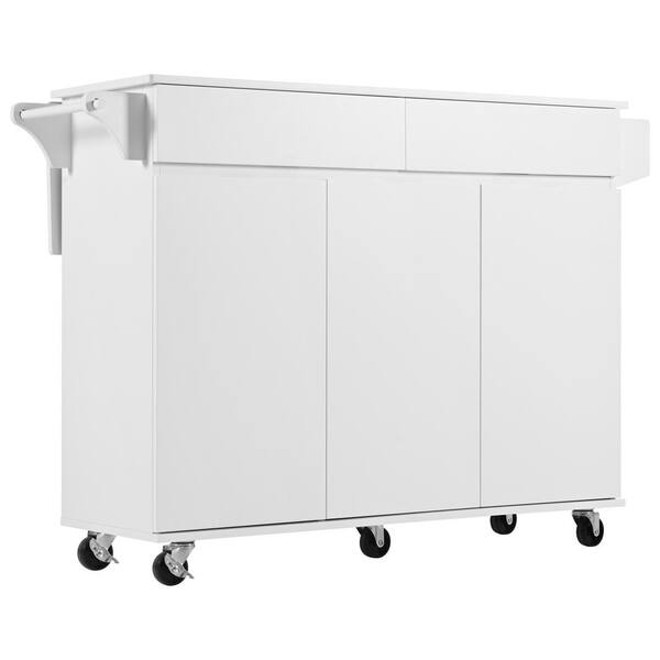 OLUMAT White Wood 53.2 in. W Rolling Kitchen Island Cart with Drop Leaf ...