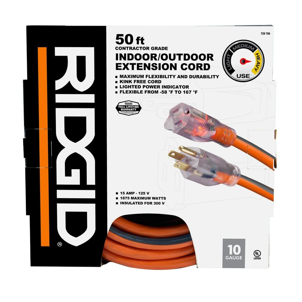 RIDGID 50 ft. 10/3 Heavy Duty Indoor/Outdoor SJTW Extension Cord with ...