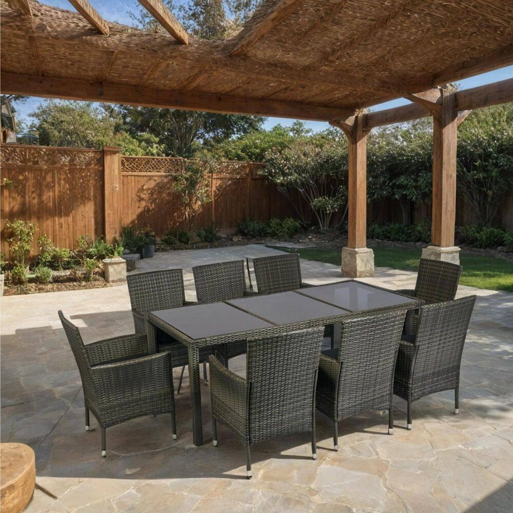 9-Piece Grey Wicker Wicker Outdoor Dining Set, Patio Furniture Dining ...