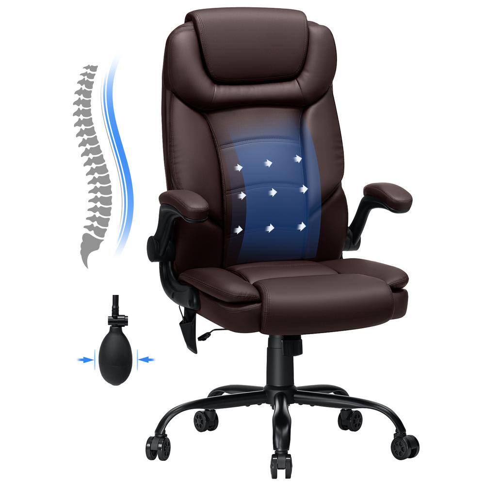 Faux Leather Office Chair High Back Executive Chair in Brown with Adjustable Lumbar Support and Flip Up Armrests