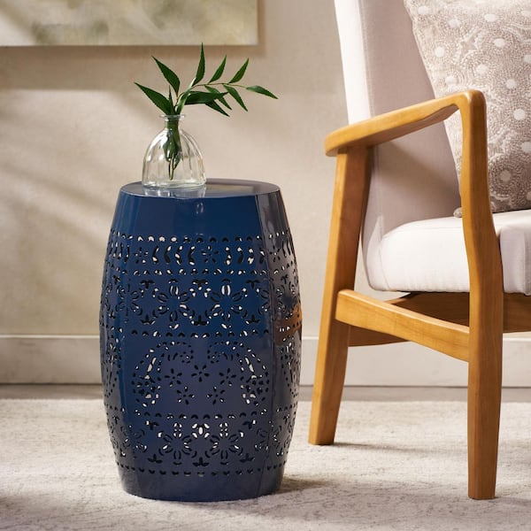 Outdoor Blue Floral Cutout Metal Accent Stool, 9.5 in. W x 18 in. H ...