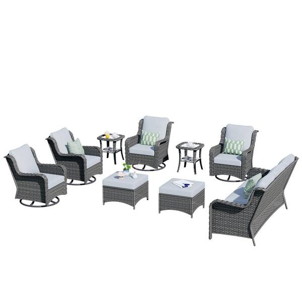 OVIOS Janus Gray 9-Piece Wicker Patio Conversation Seating Set with ...