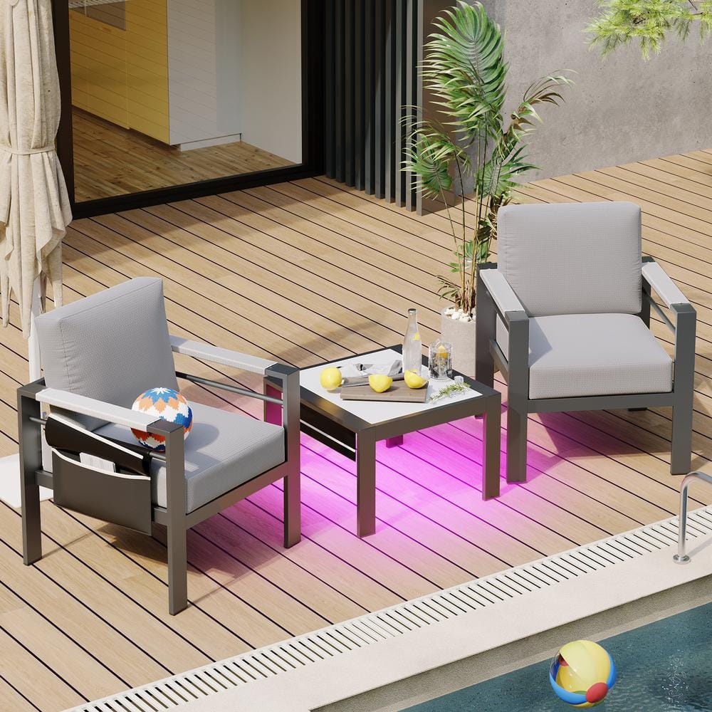 Bestier 3-Piece Aluminum Chat Set with Cushions and LED Side Table ...
