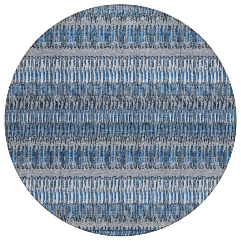 HomeRoots Denim Blue, Ivory 8 ft. Round Woven Striped Polyester Round ...