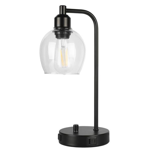 INNOBULE 15 in. Industrial Black Table Lamp with Glass Shade with USB ...