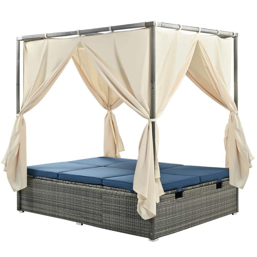 Sudzendf Gray 1-Piece Wicker Outdoor Day Bed with Blue Cushion, Patio ...
