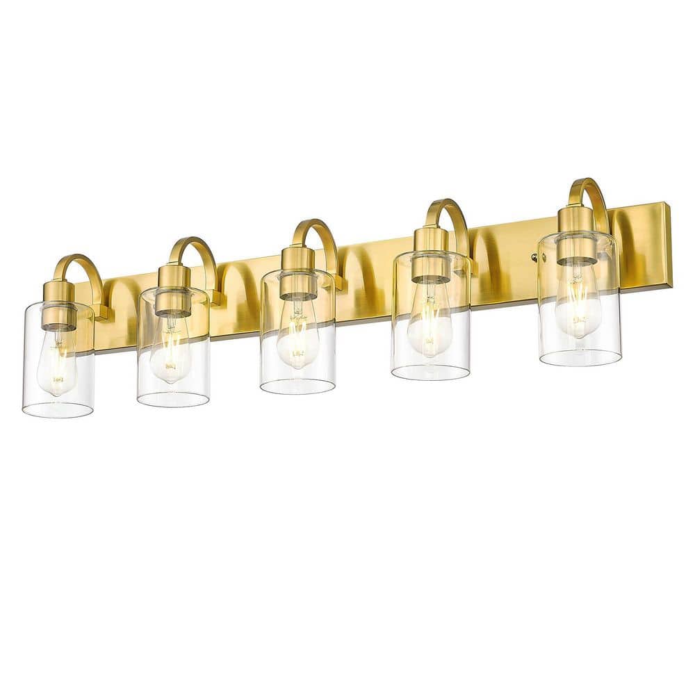 JAZAVA 37 in. 5-Light Brushed Gold Vanity Light with Clear Glass Shade ...