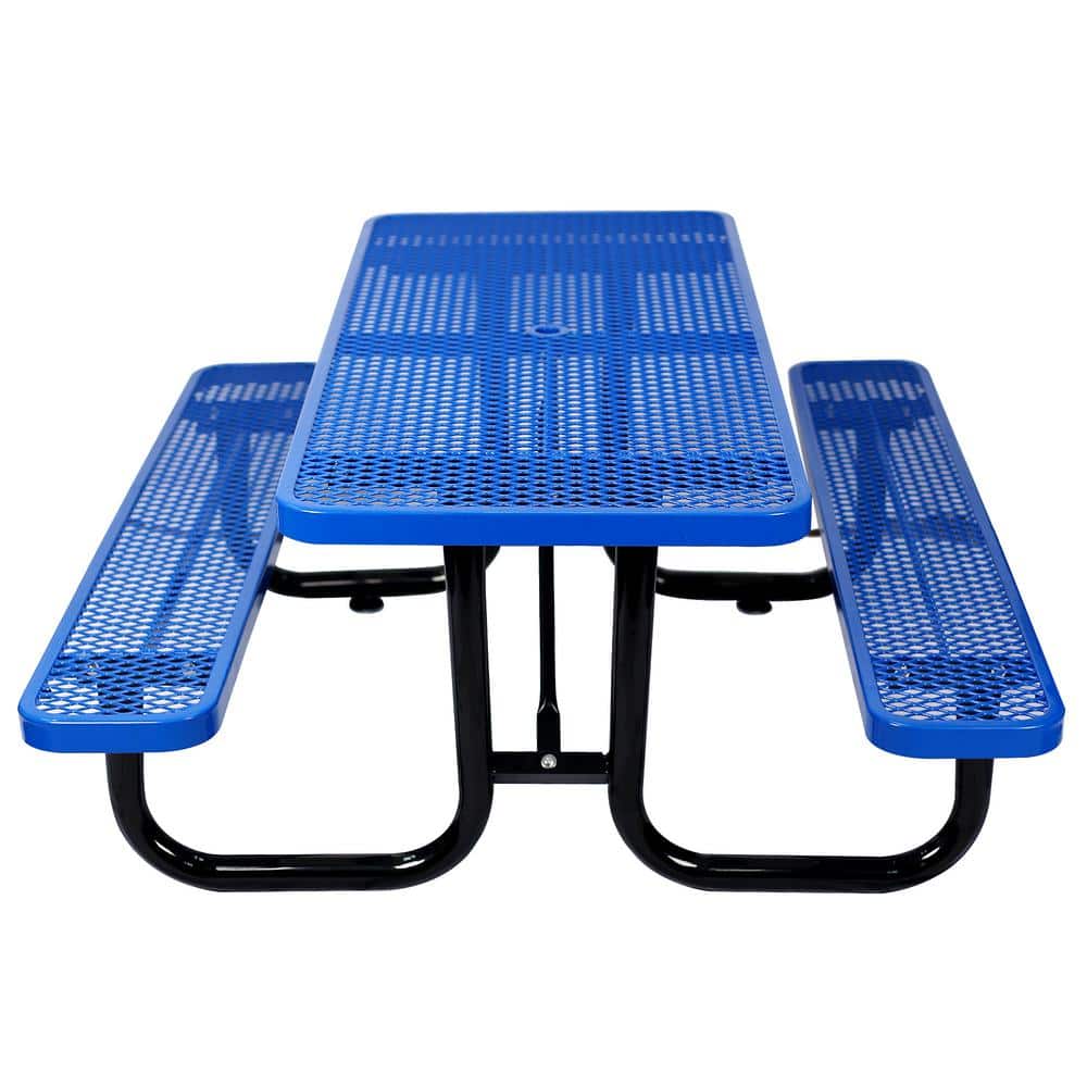 Afoxsos 6 ft. Blue Rectangular Outdoor Steel Picnic Table with Umbrella ...
