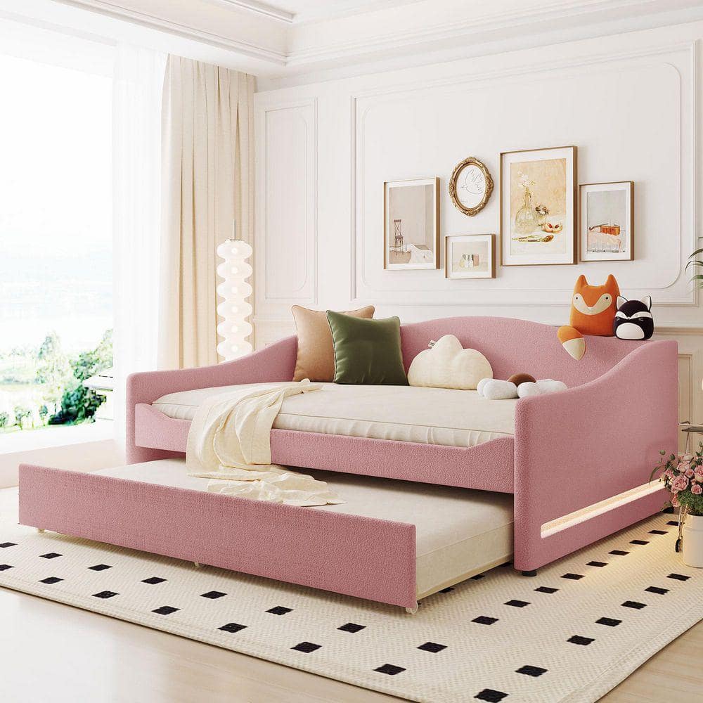 Qualler Pink Full Teddy Fleece Upholstered Daybed with Light and ...