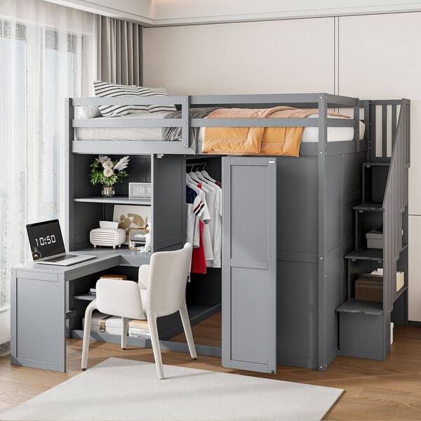 Harper & Bright Designs Gray Full Size Loft Bed with Shelves, Desk ...