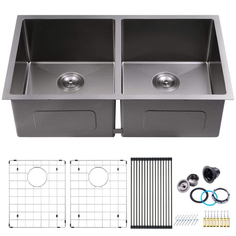 WISBEAM 33 in. Drop-In/Undermount Double Bowl 16 Gauge Gunmetal Black ...