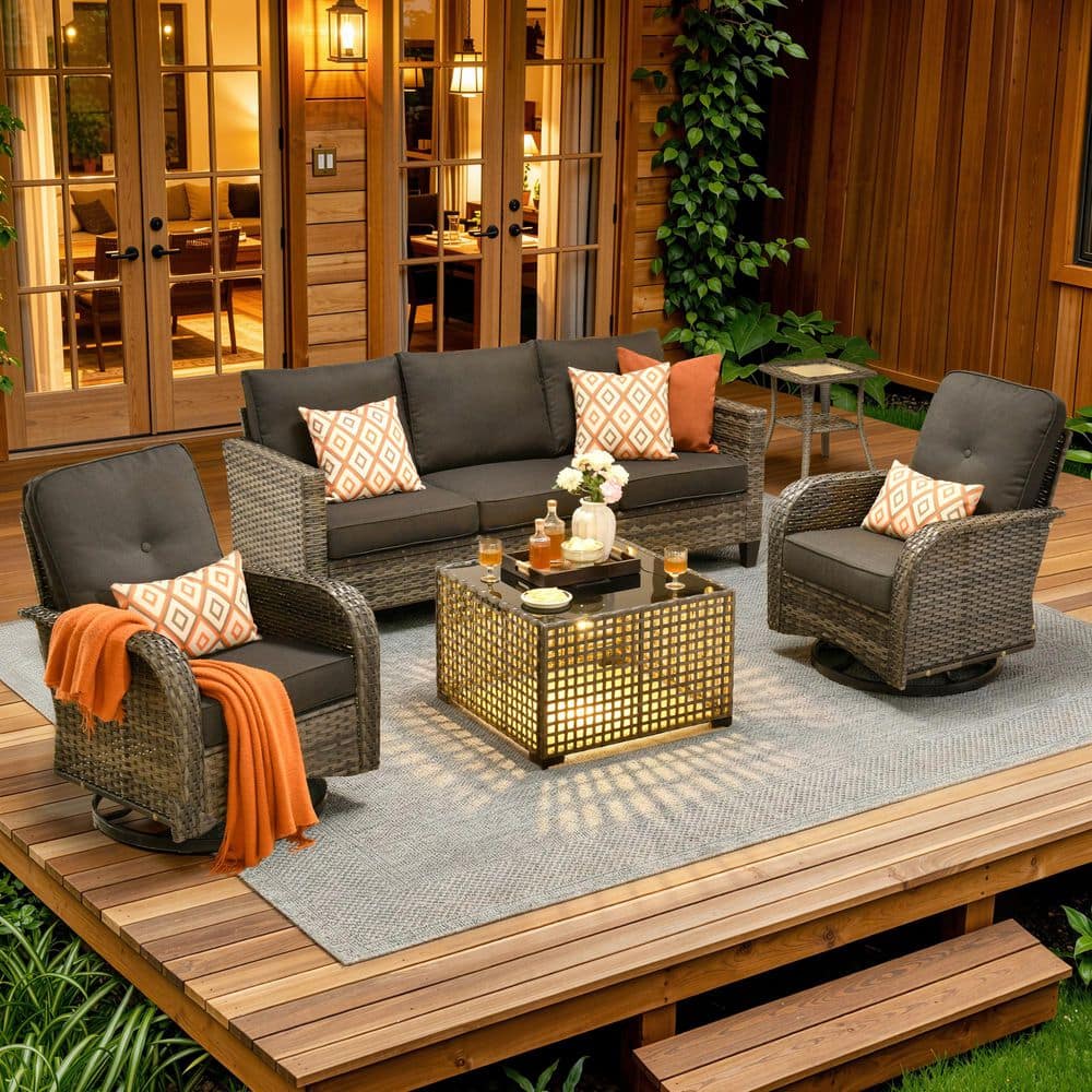 OVIOS New Vultros Gray 5-Piece Wicker Patio Conversation Set with Black ...