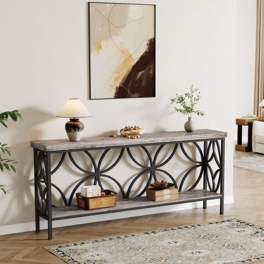 BYBLIGHT 70.9 in. Light Gray Rectangle Engineered Wood Sofa Console ...