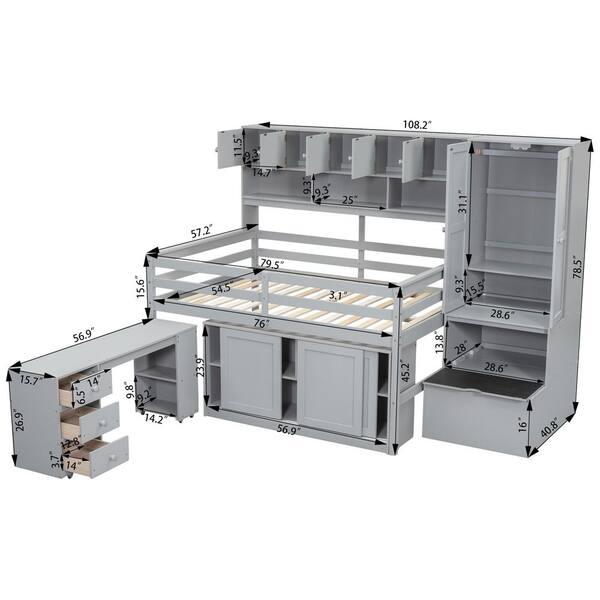 Polibi Gray Full Size Wood Loft Bed with Under-bed Desk, Drawers, Shelves RD14-19545AAE - The ...