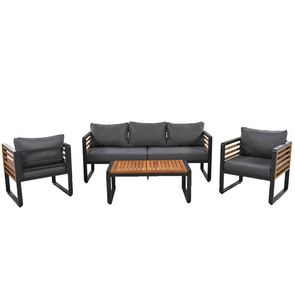 Runesay 4-Piece Patio Metal and Wood Frame Outdoor Garden Sofa Set ...