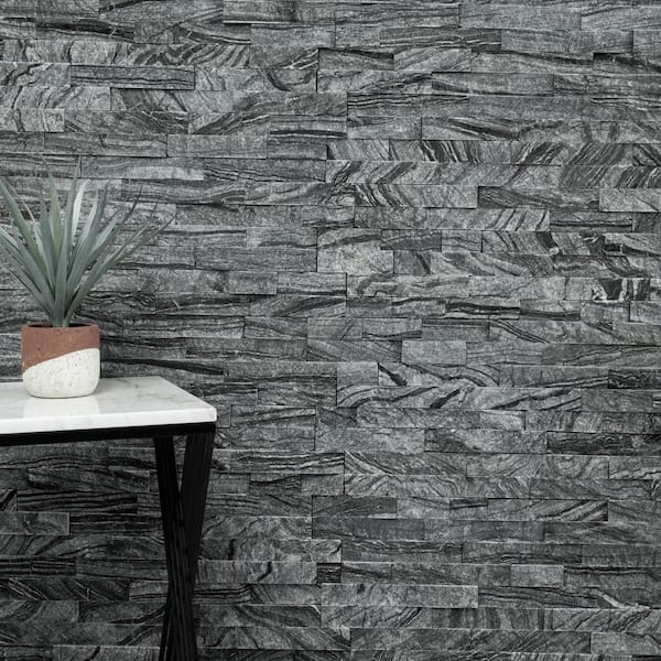 MSI Glacial Black Ledger Panel 6 in. x 24 in. Splitface Marble Wall ...