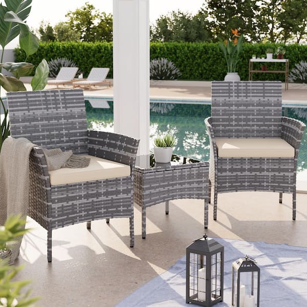 ELPOSUN 3-Piece Outdoor Gray Wicker Patio Set with Beige Cushions ...