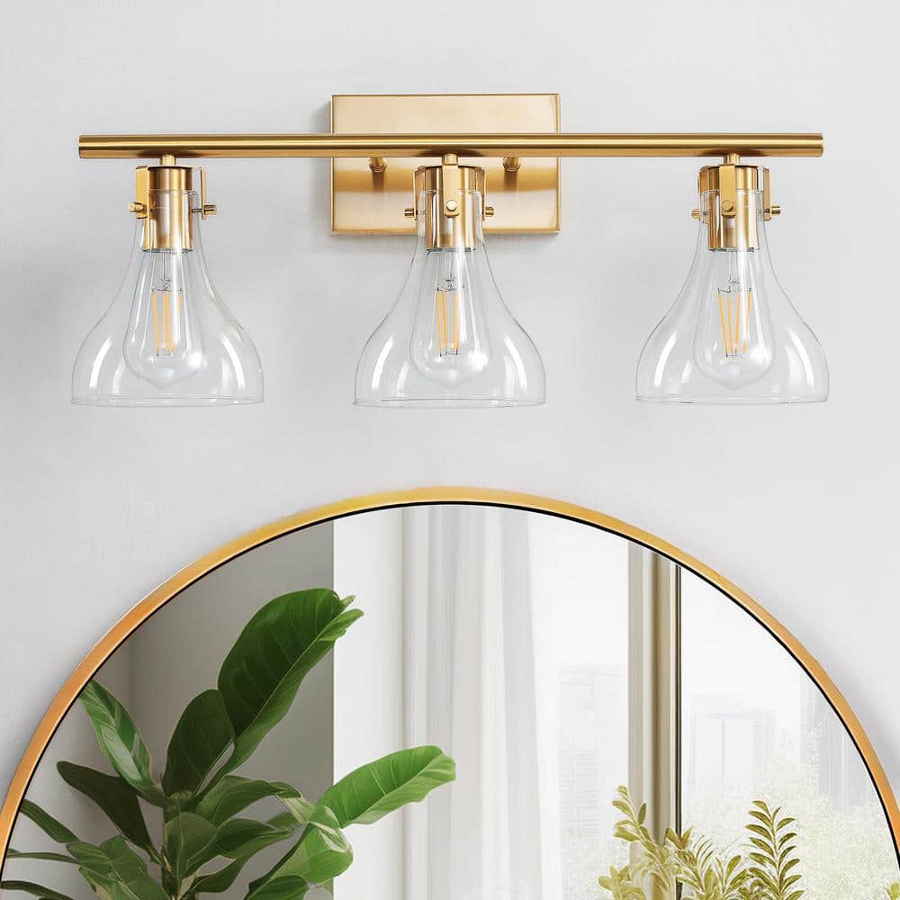 KAISITE 23.4 in. 3-Light Brushed Gold Vanity Light with Clear Glass ...