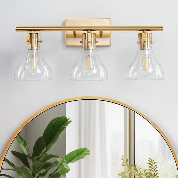 KAISITE 23.4 in. 3-Light Brushed Gold Vanity Light with Clear Glass ...