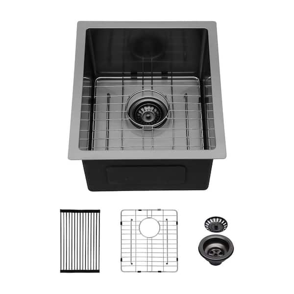 15 in. Undermount 16 Gauge Gunmetal Black Single Bowl Kitchen Sink with ...