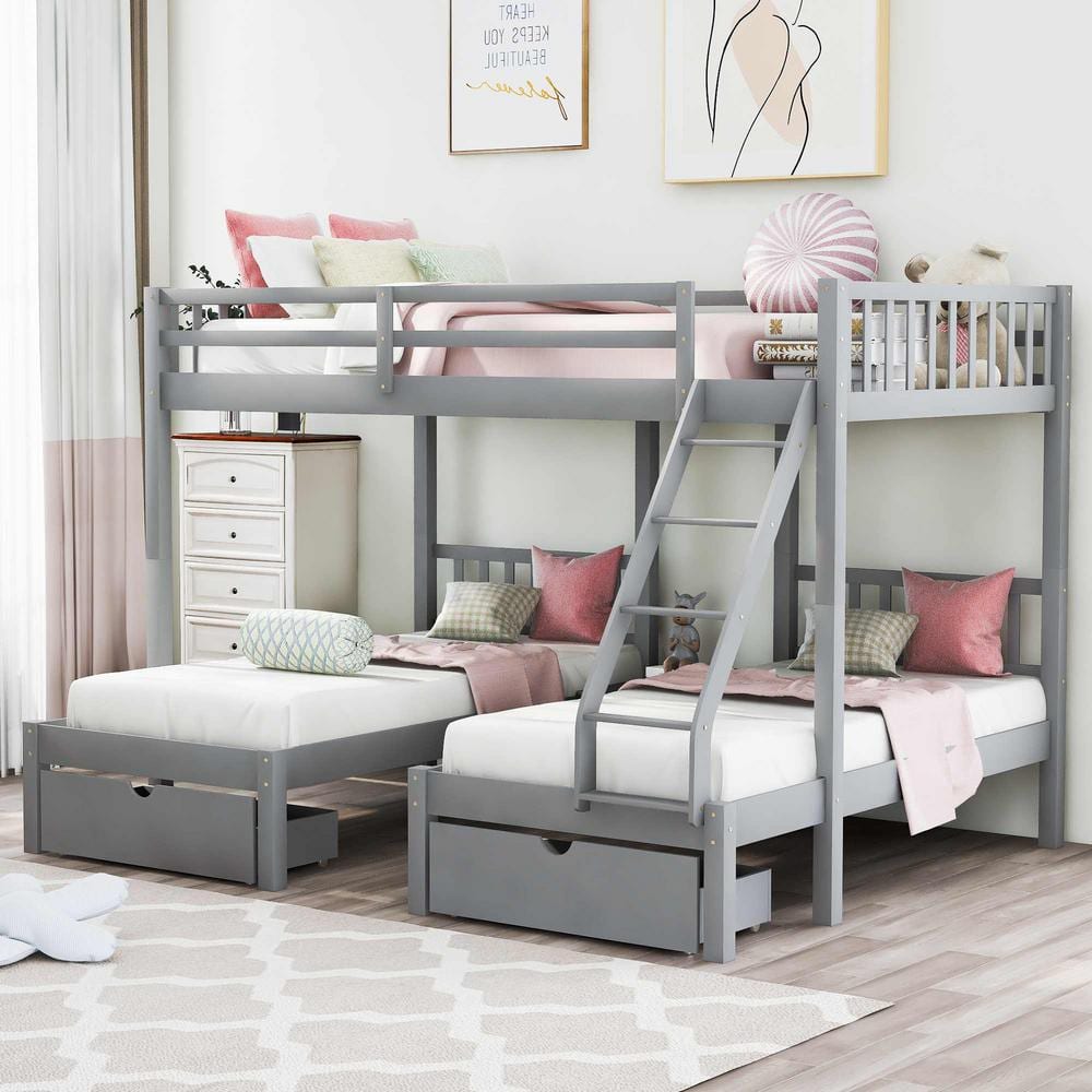 Polibi Gray Full Over Twin and Twin Bunk Bed, Wood Triple Bunk Bed with ...