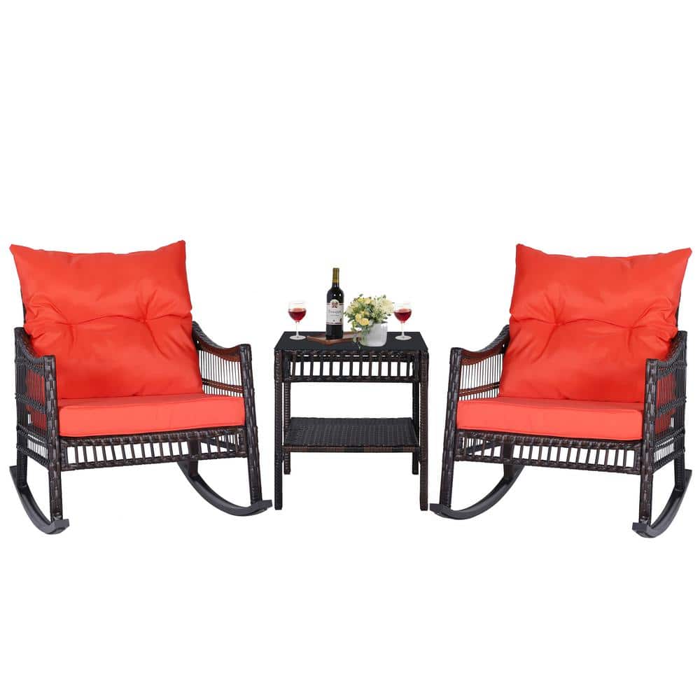 VEIKOUS 3-Piece Outdoor Rocking Chairs Wicker with Orange Cushions, Pillows and Table PG0206 ...