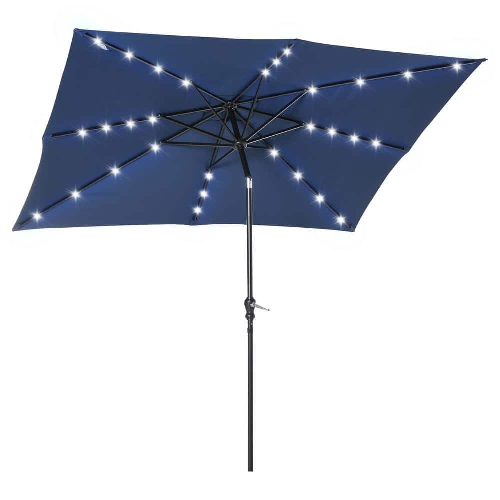 Tenleaf 9 ft. x 7 ft. Steel Patio Solar LED Lighted Umbrella in Blue ...