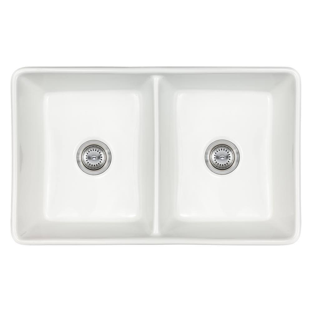 MSI 32.87 in. Undermount Double Bowl White Fireclay Kitchen Sink with ...