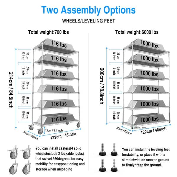 FUNKOL 6-Tier Heavy-Duty Storage Wire Rack with Wheels, Chrome 6000 lbs. NSF Height Adjustable ...