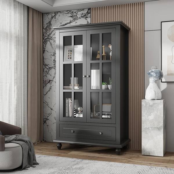 Tall gray cabinet with glass doors store