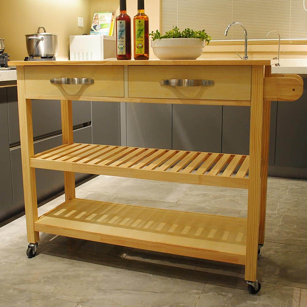 Staykiwi Natural MDF Kitchen Cart with 2-Lockable Wheels, Rubber Wood ...