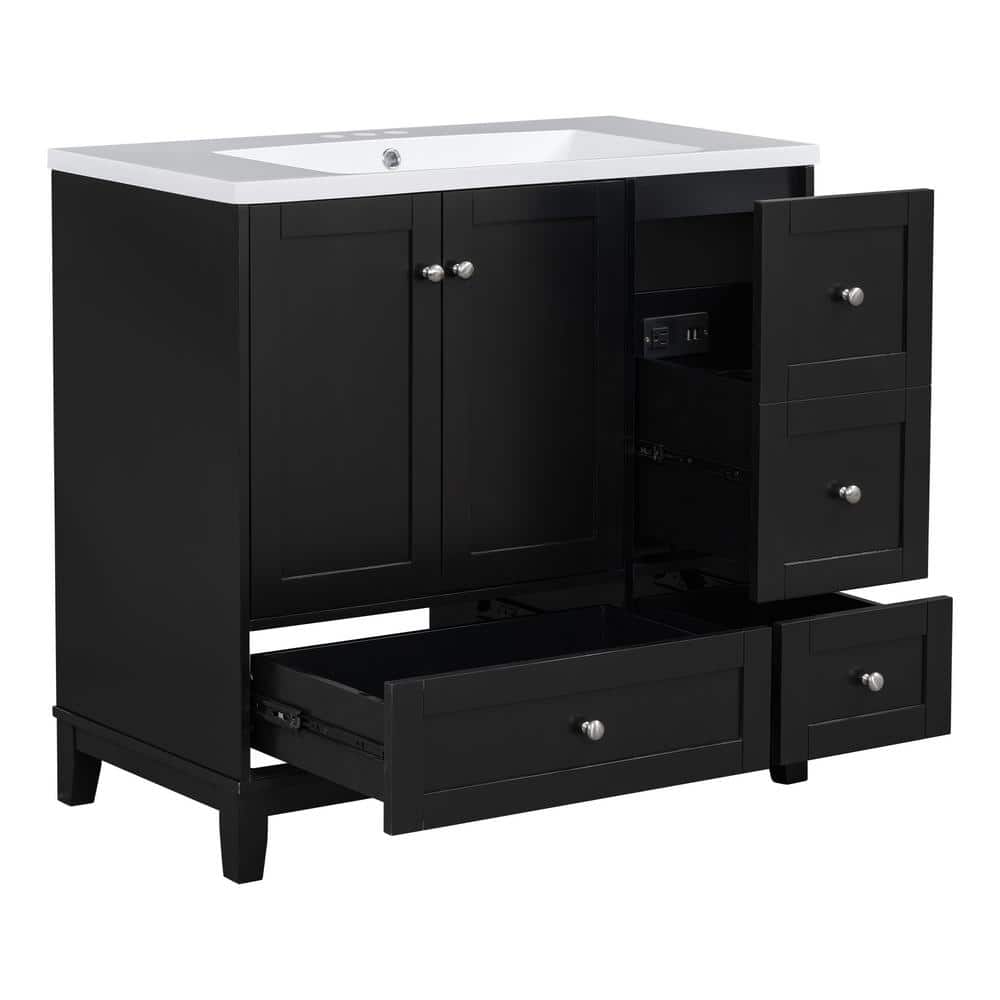Zeus & Ruta 36 in. W x 18 in. D x 34 in. H Single Sink Bath Vanity in Black with White Resin Top ...
