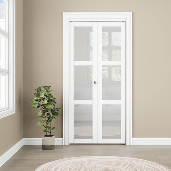 Fredbeck 28 in. x 80 in. 3-Lite Panel White Finshed Solid Core Wood ...
