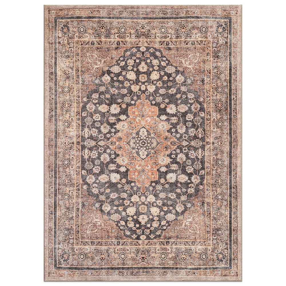 World Rug Gallery Marin Persian Style Machine Washable Black 5 ft. x 7 ...